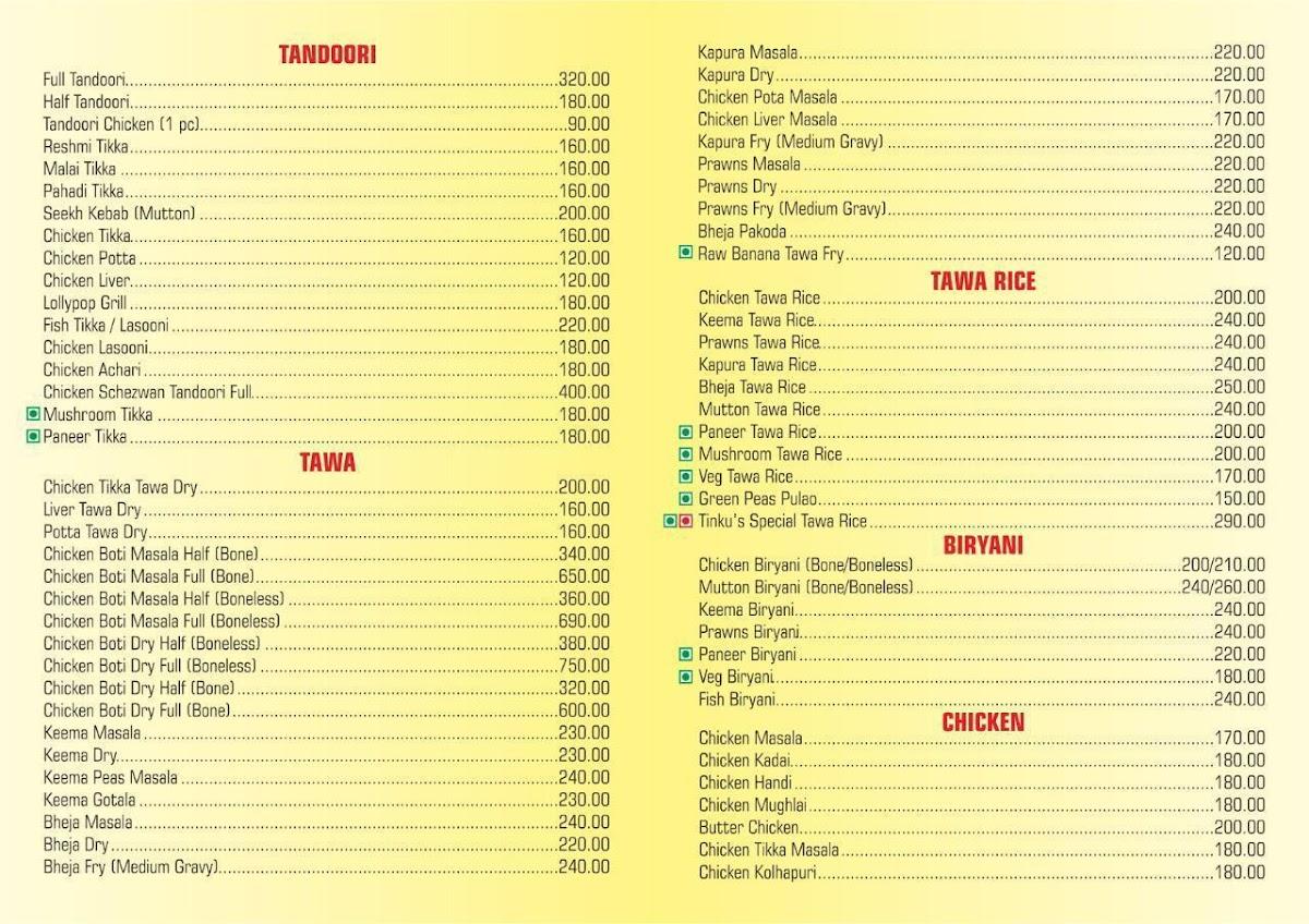 Menu at Tinku's Tandoorwala, Mumbai