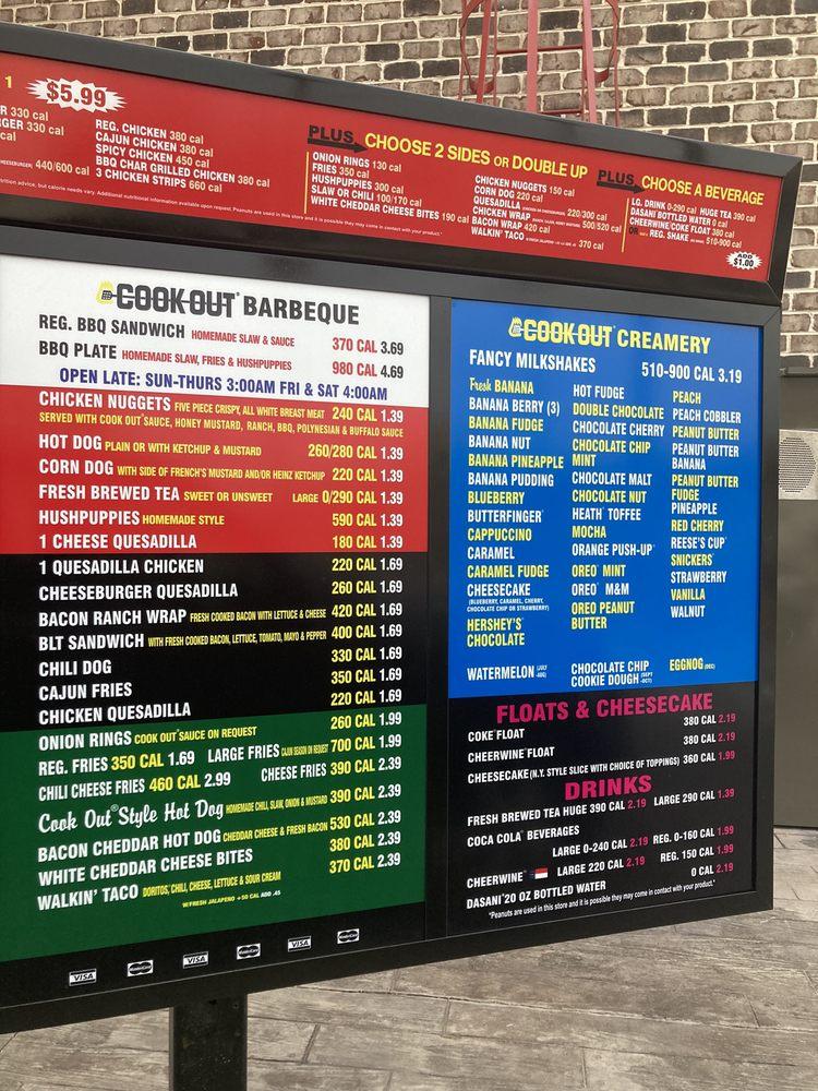 Menu at Cook Out restaurant, Birmingham, 301 24th St S