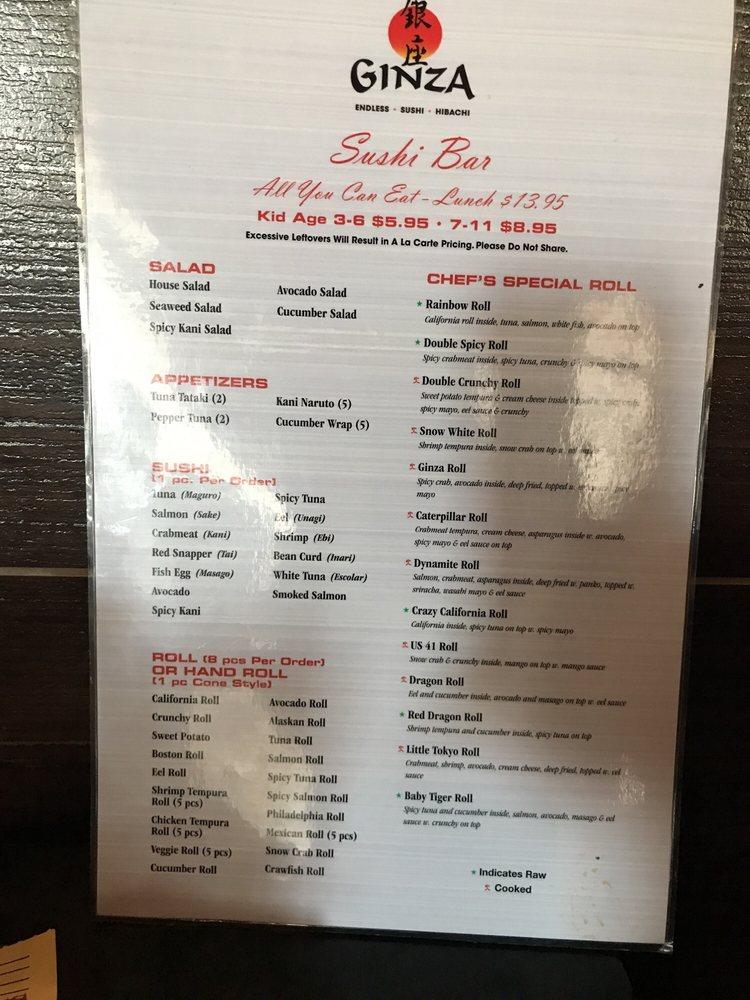 Carta de GinZa Japanese Restaurant, Fort Myers