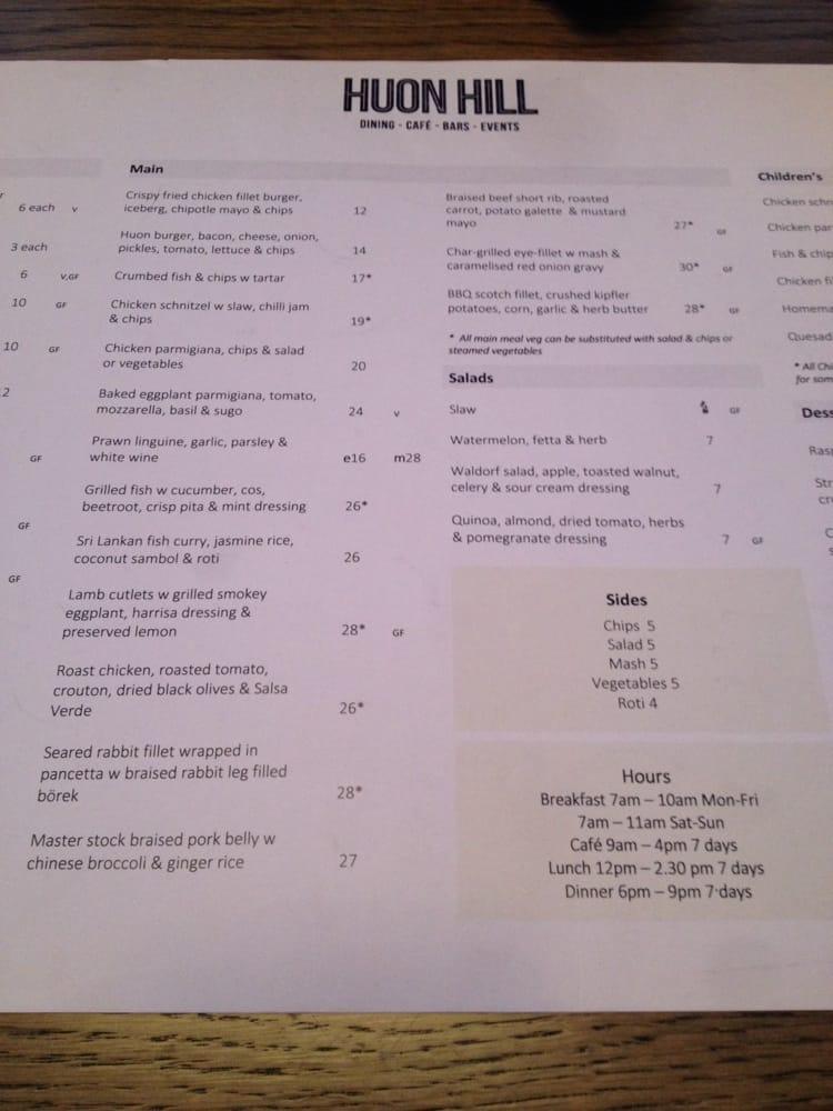 Menu at Huon Hill restaurant, Wodonga