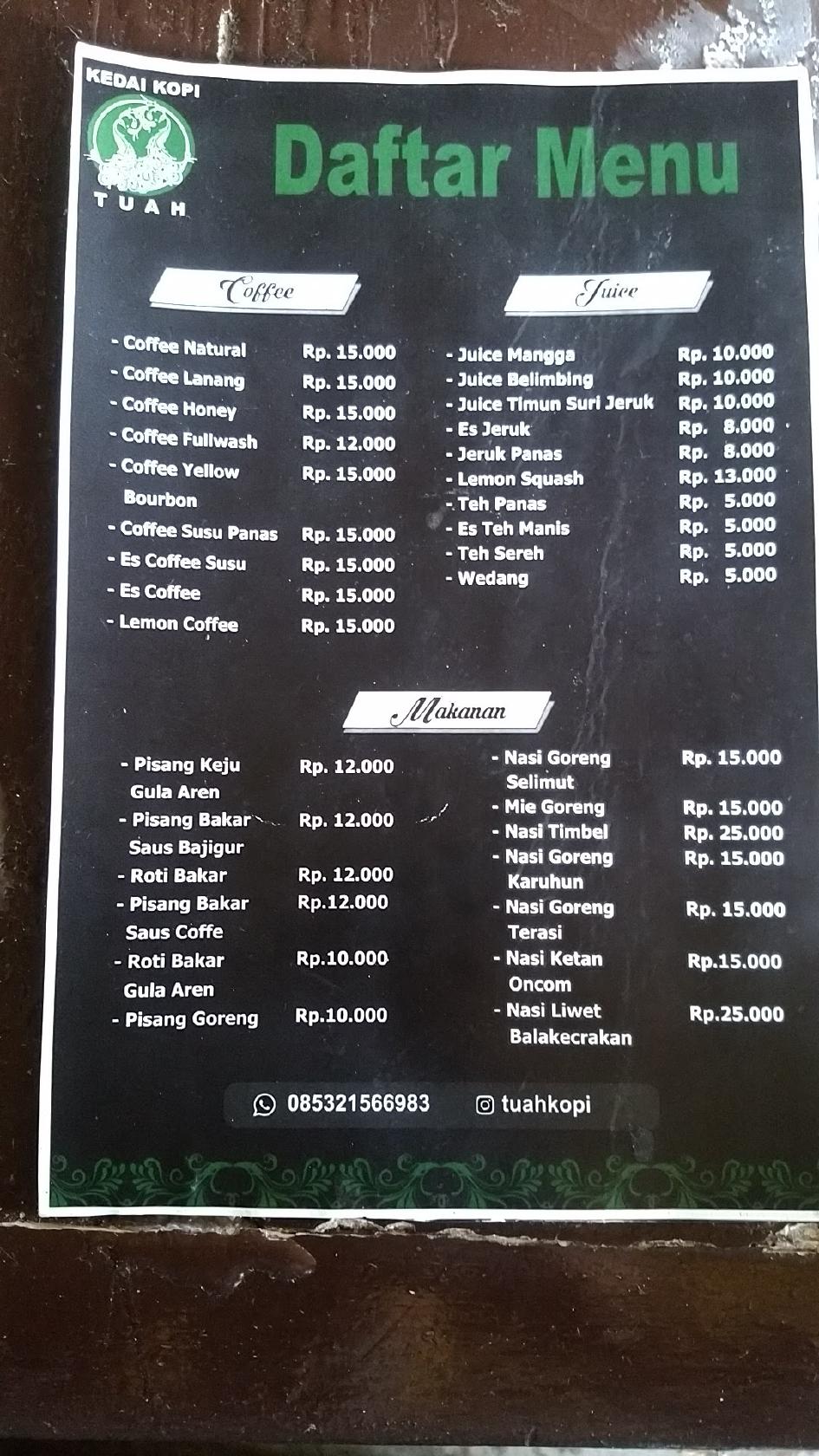 Menu at KOPI TUAH restaurant, Garut