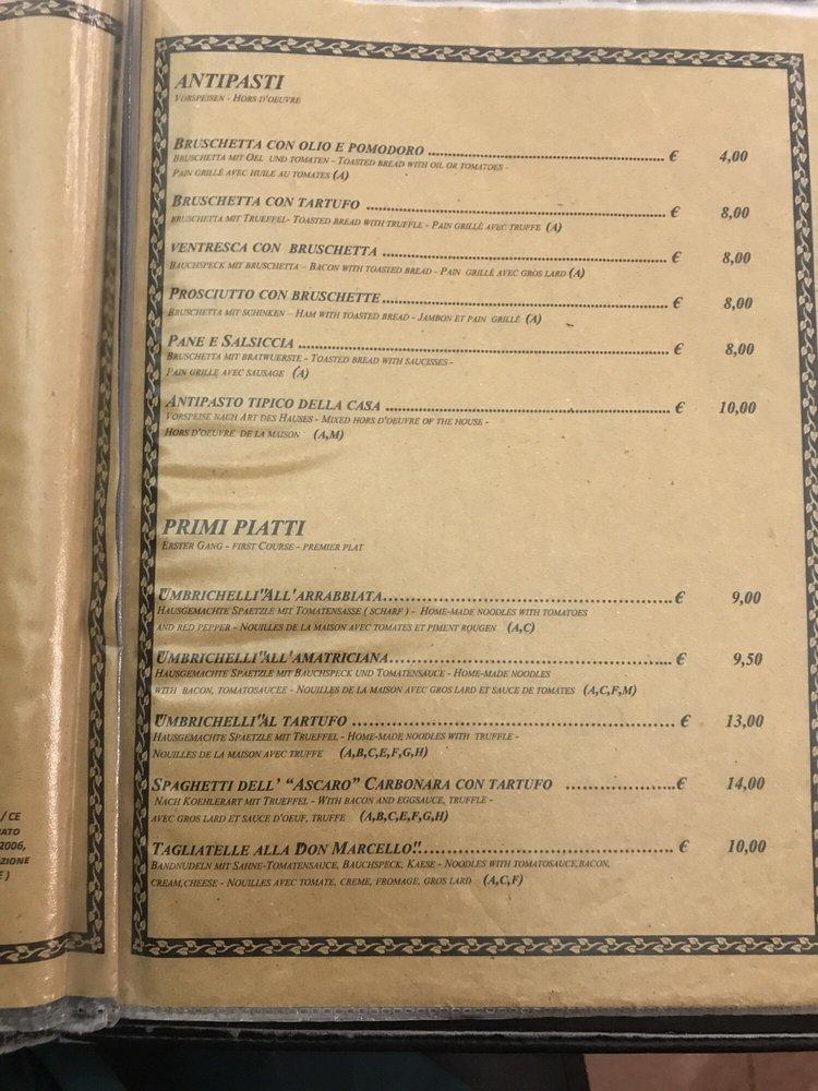 Menu at Trattoria la Palomba restaurant, Orvieto