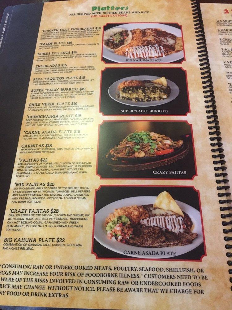 Menu at Paco’s Tacos restaurant, Honolulu