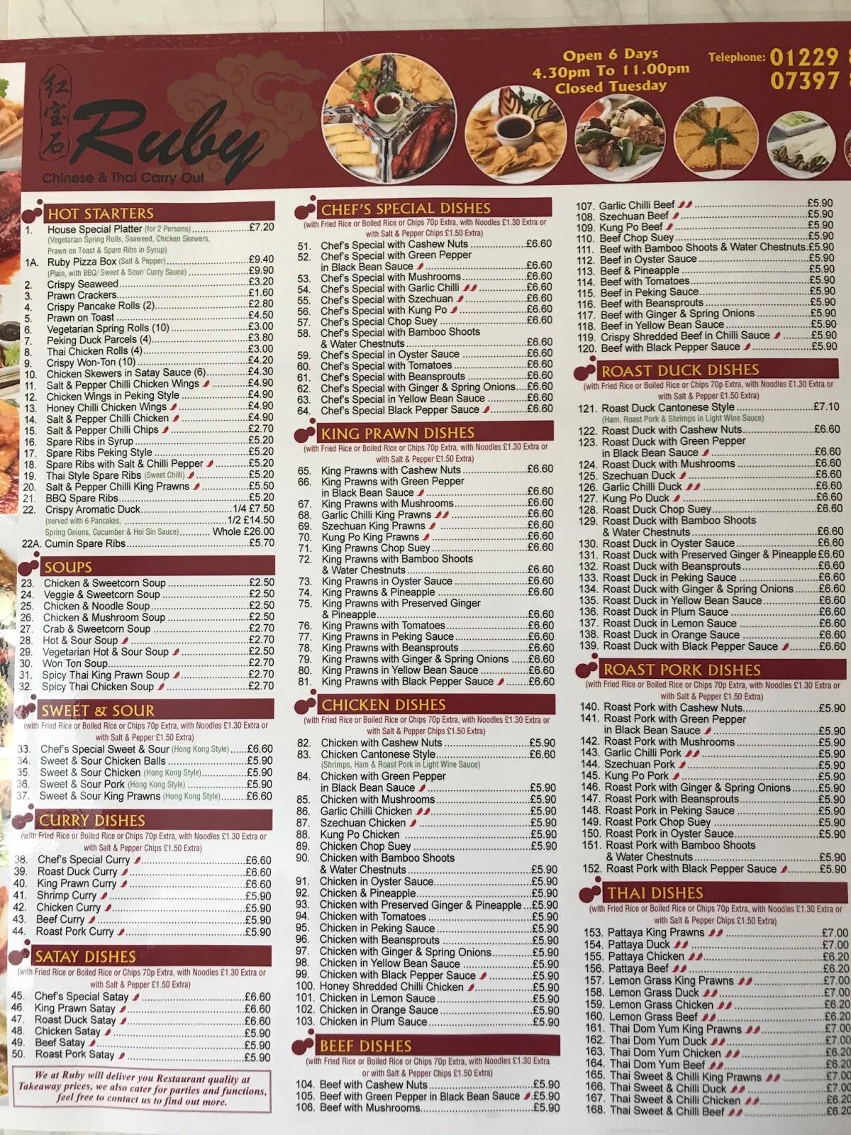 Menu at Ruby Chinese & Thai fast food, Barrow-in-Furness