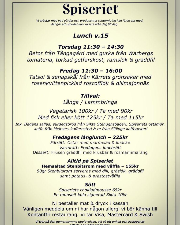 Menu at Spiseriet restaurant, Varberg
