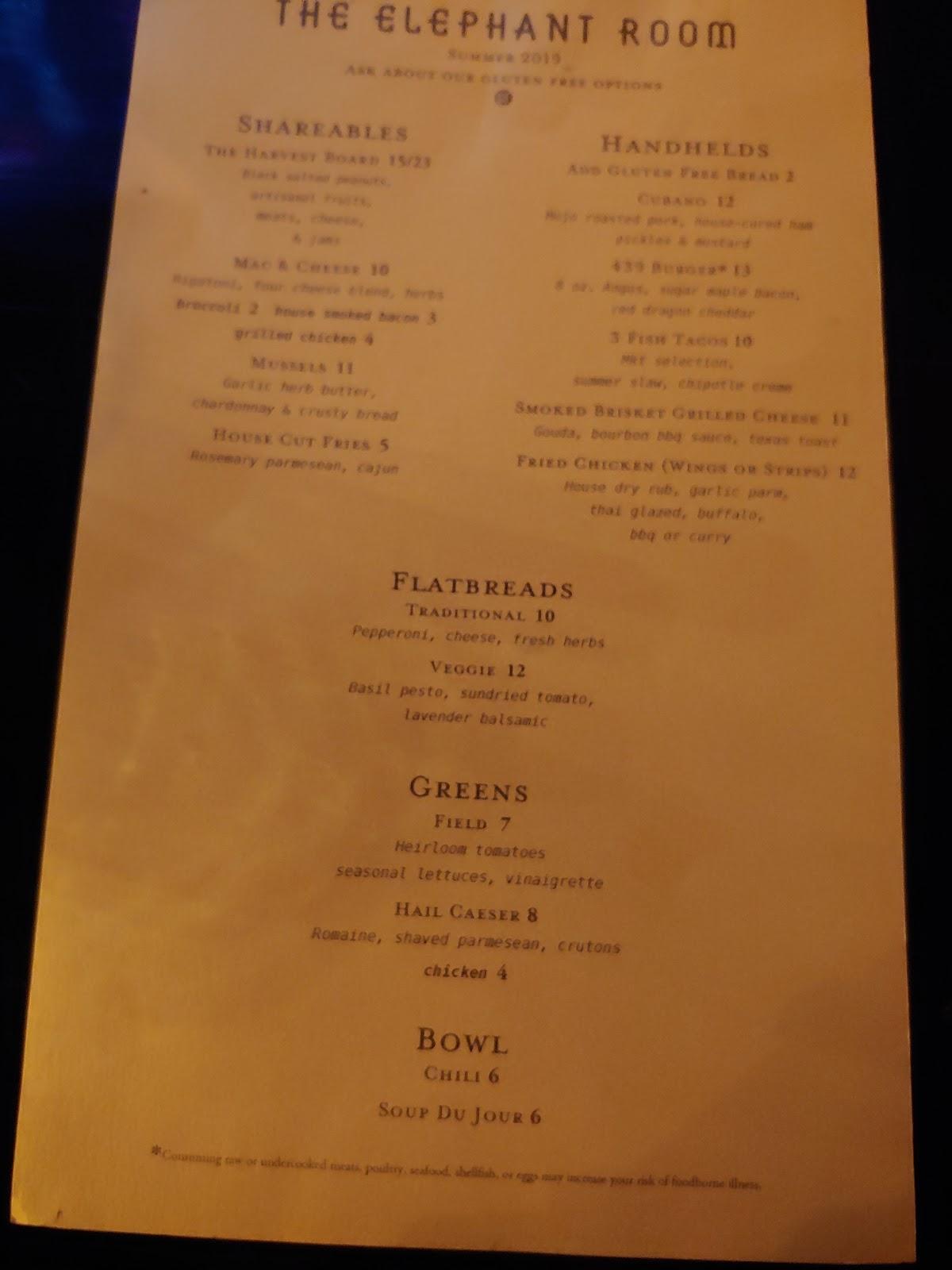 Menu at The Elephant Room restaurant, Detroit