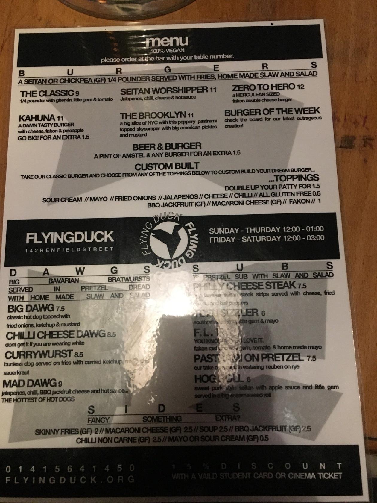 Menu at The Flying Duck pub & bar, Glasgow