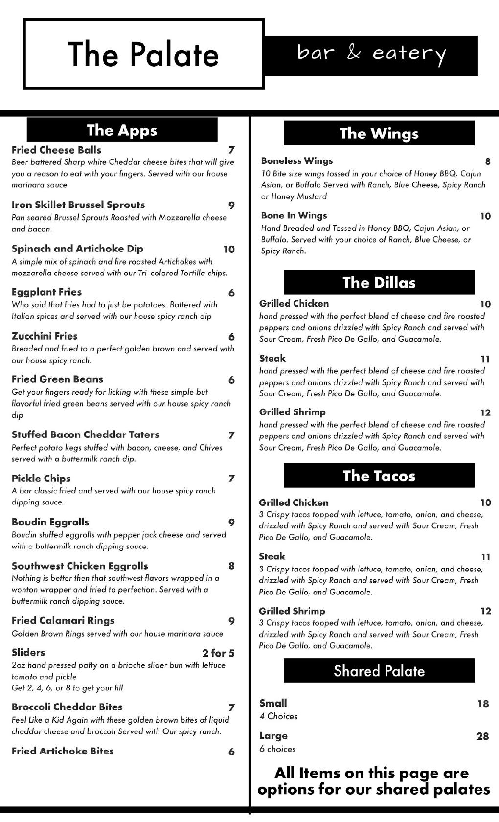 Menu at The Palate Bar & Eatery, Baton Rouge