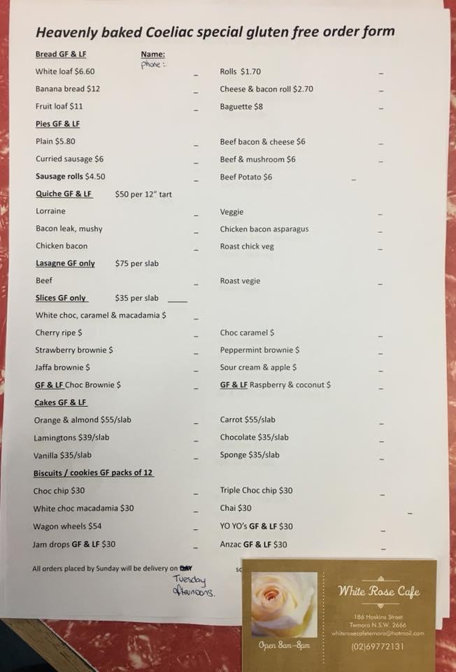 Carta de White Rose Cafe, Temora