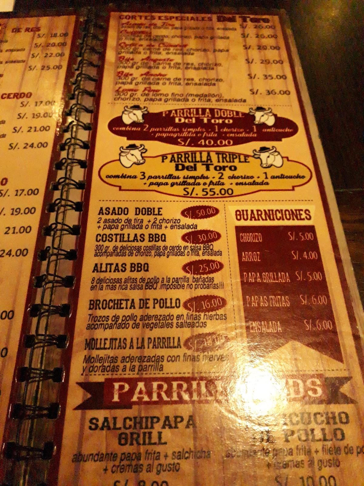 Menu at Del Toro restaurant, Mollendo