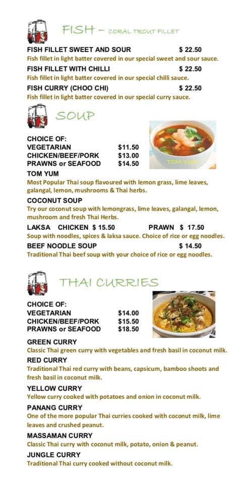 Menu at Tuk Tuk Thai restaurant, Cairns