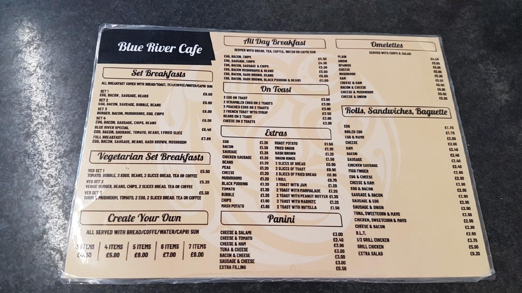Menu at Blue River Cafe, London, 88 Leytonstone Rd