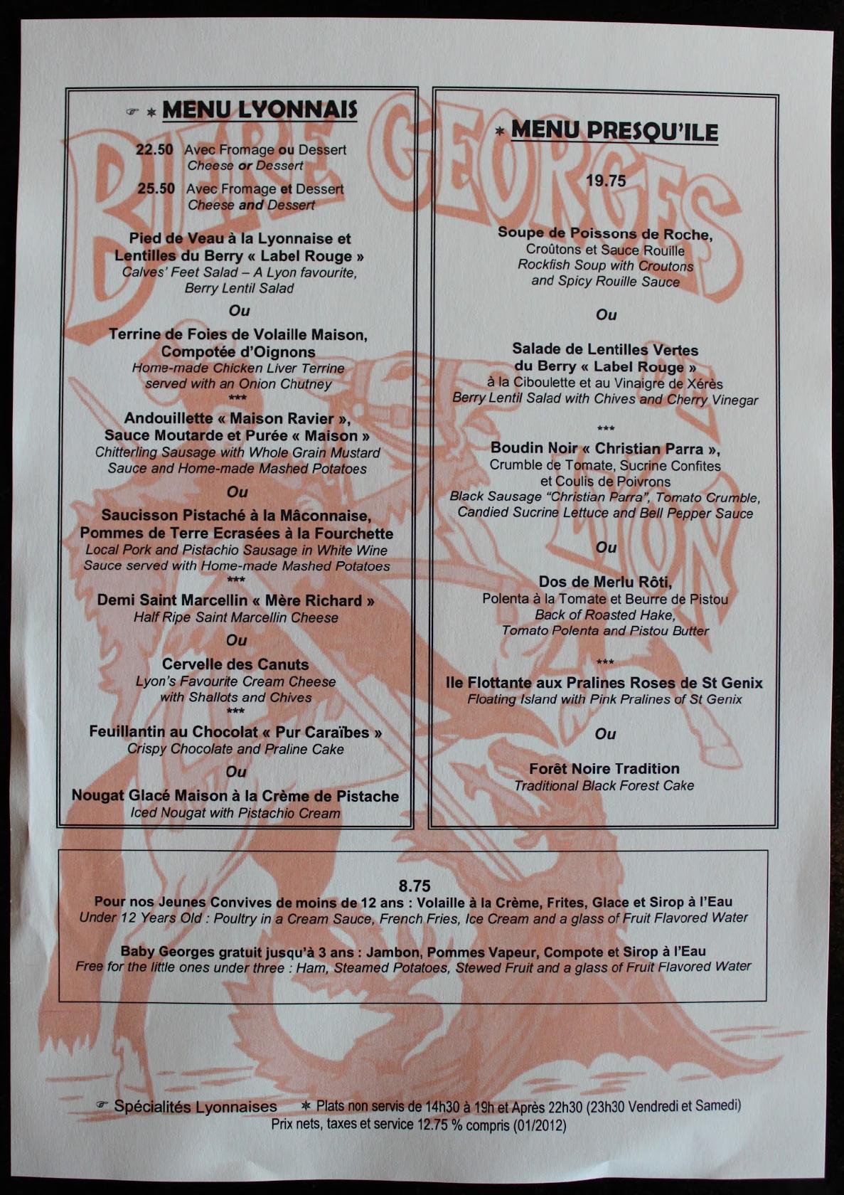 Menu au Brasserie Georges restaurant, Lyon