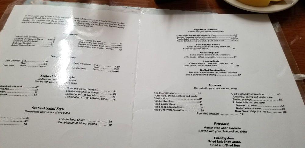Menu at Crisfield Seafood restaurant, Silver Spring, Georgia Ave