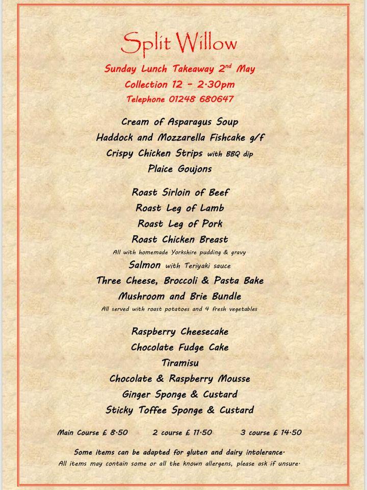 Menu at Split Willow restaurant, Llanfairfechan