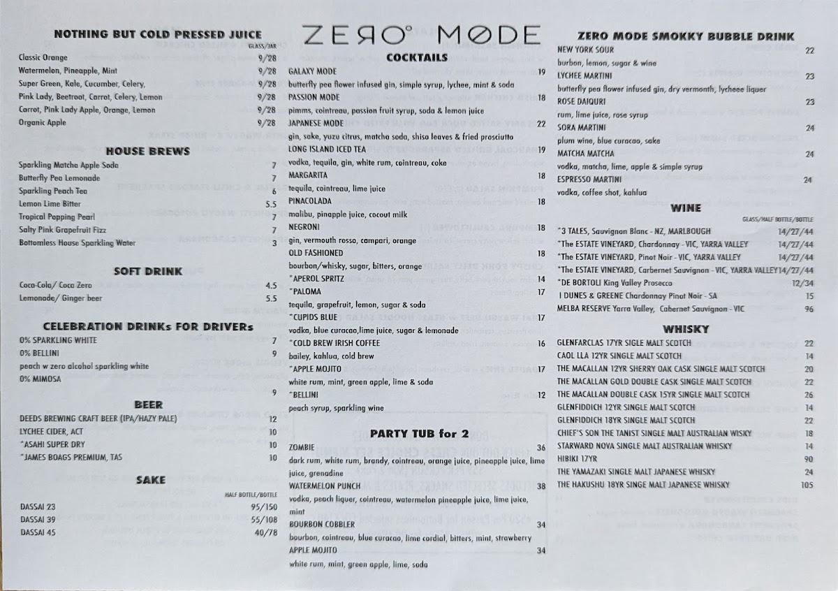 Menu at Zero Mode cafe, Box Hill