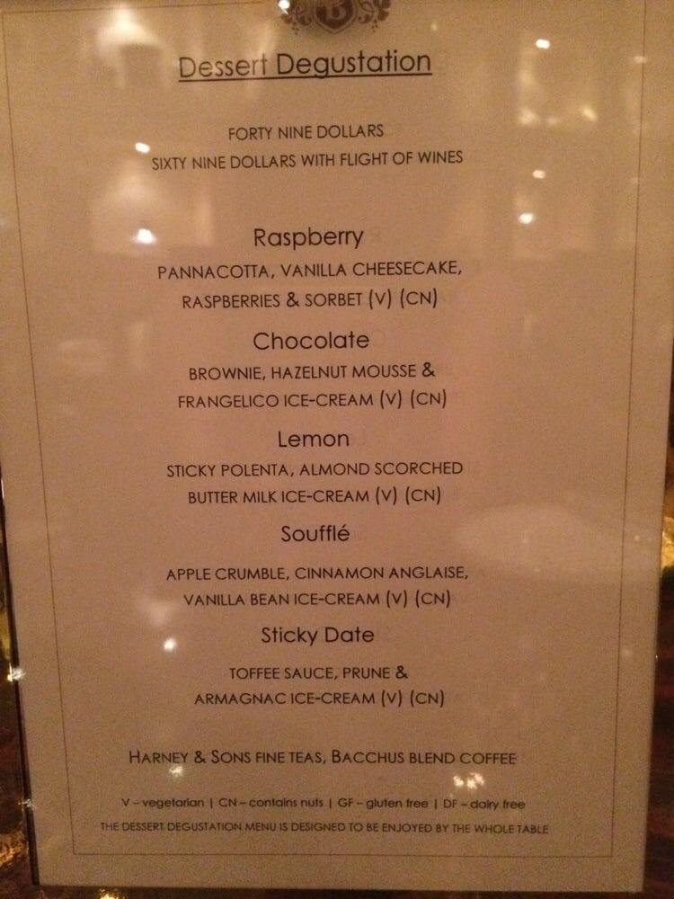 Menu at Bacchus restaurant, South Brisbane, Podium Level
