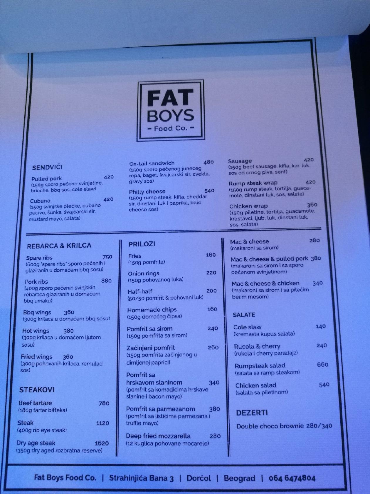 Menu at Fat Boys Food co. pub & bar, Belgrade