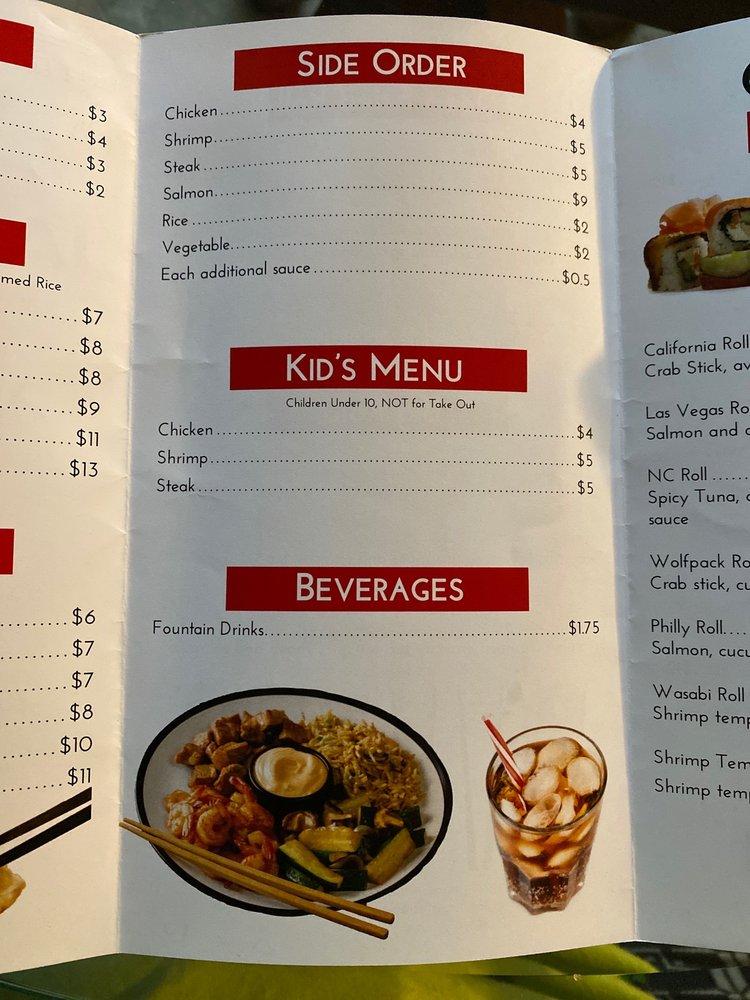 Menu at Japan XO restaurant, Raleigh