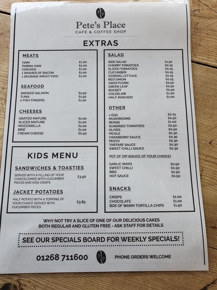 Menu at Pete's Place - Cafe & Coffee Shop, Billericay