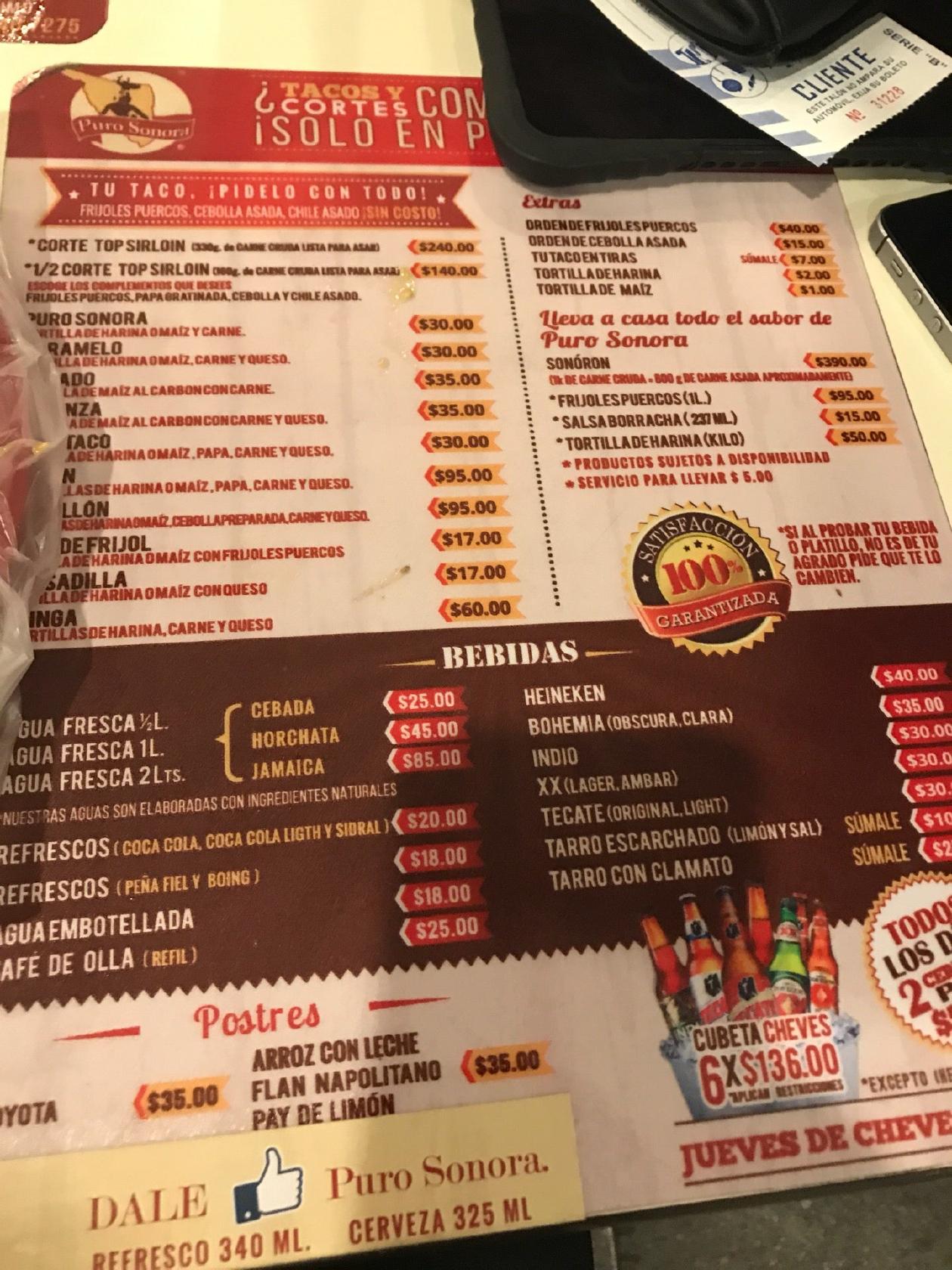 Menu at Puro Sonora steakhouse, Metepec, Av Tecnológico 1729