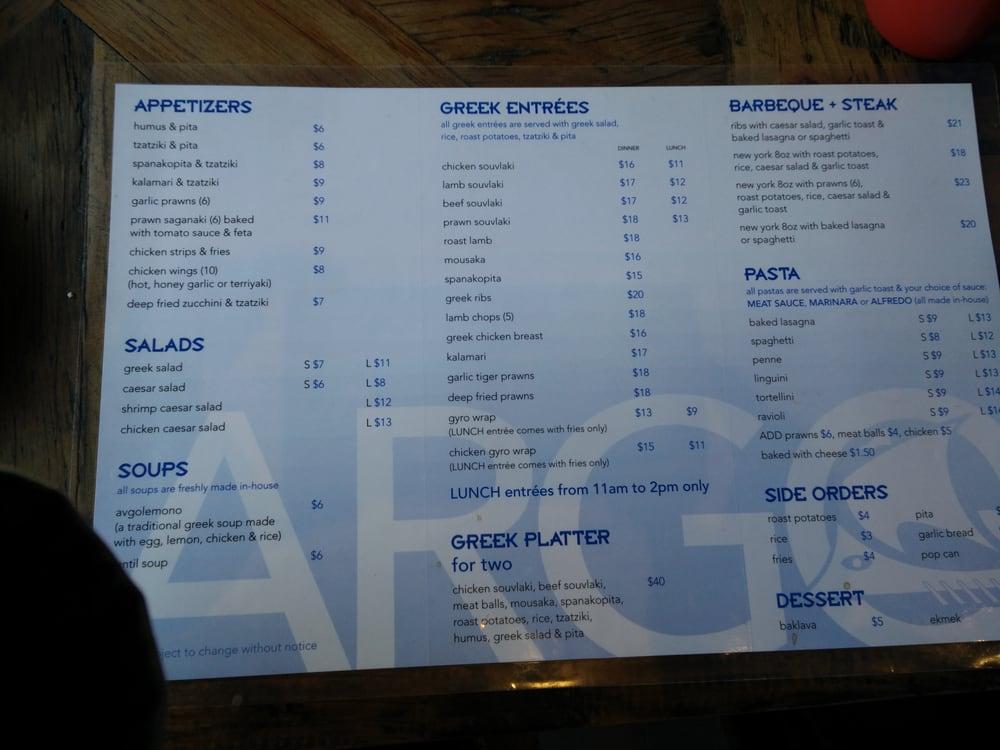Menu at Argo Greek Cuisine Pizza & Pasta pizzeria, Burnaby