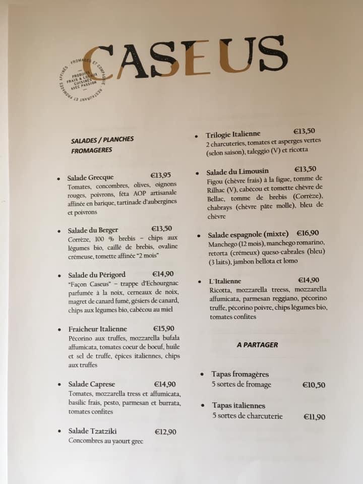 Menu at Caseus restaurant, Limoges