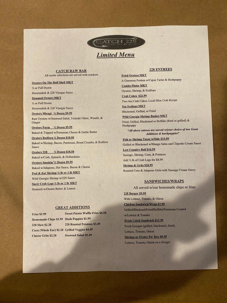 Menu at Catch 228 Oyster Bar & Grille, Saint Simons Island