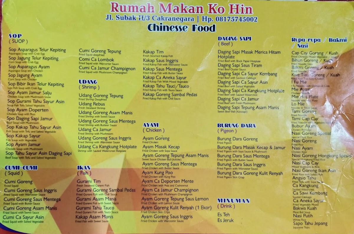 Menu at Ko Hin Chinese Food and Seafood restaurant, Mataram
