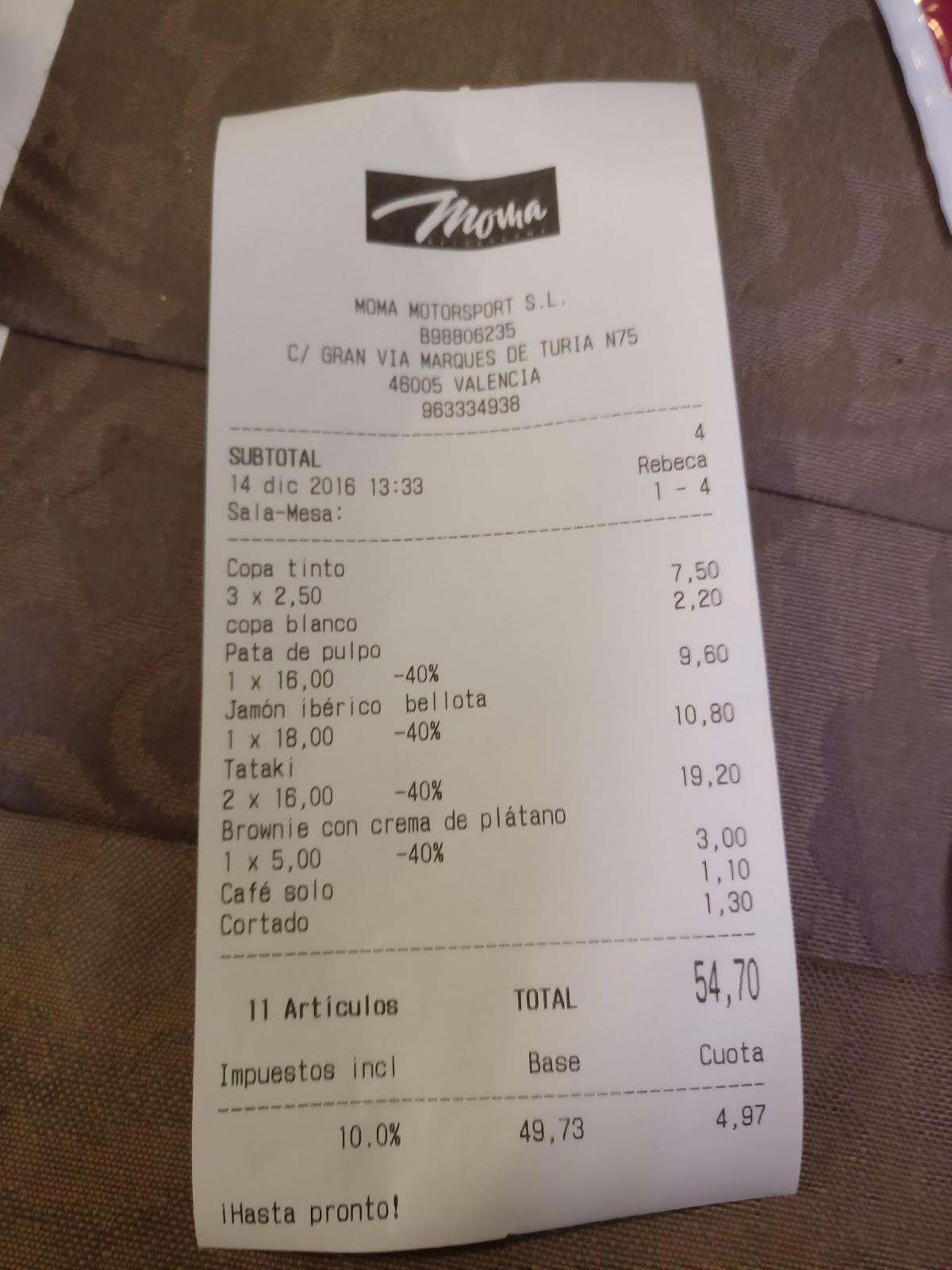 Carta de MOMA Restaurant, Valencia