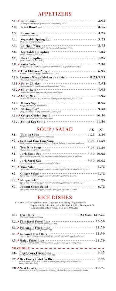 Menu at Malay Thai Kitchen restaurant, Levittown