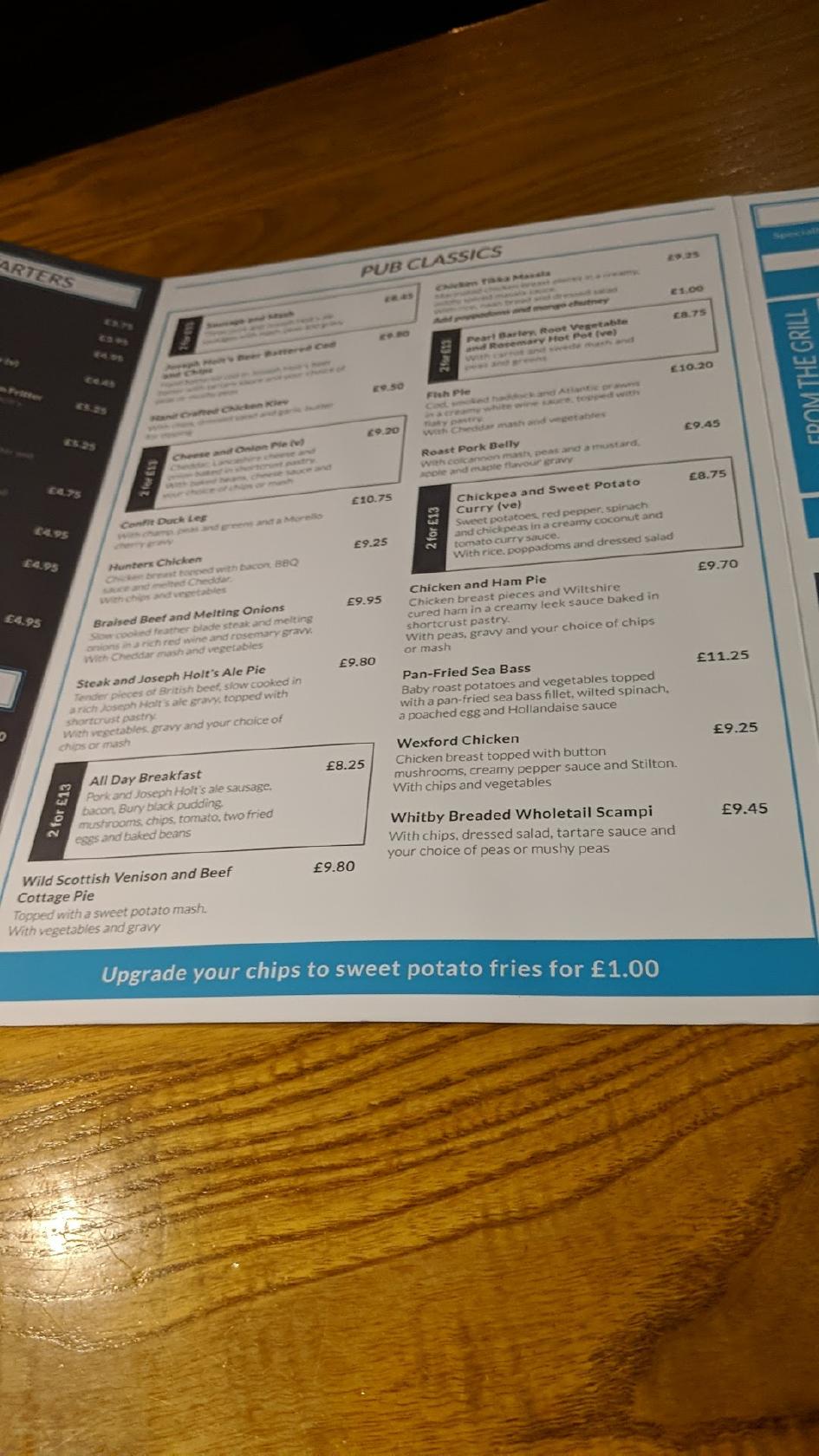 Menu at Tavern at the Mill restaurant, Blackpool