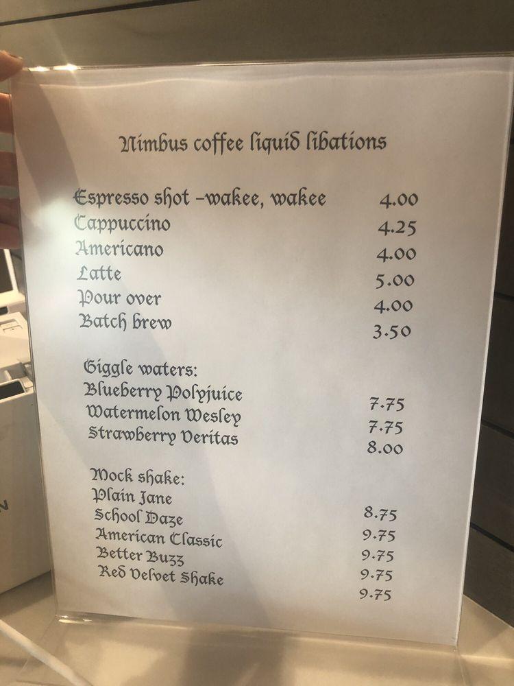 Menu at Nimbus Coffee cafe, Los Angeles