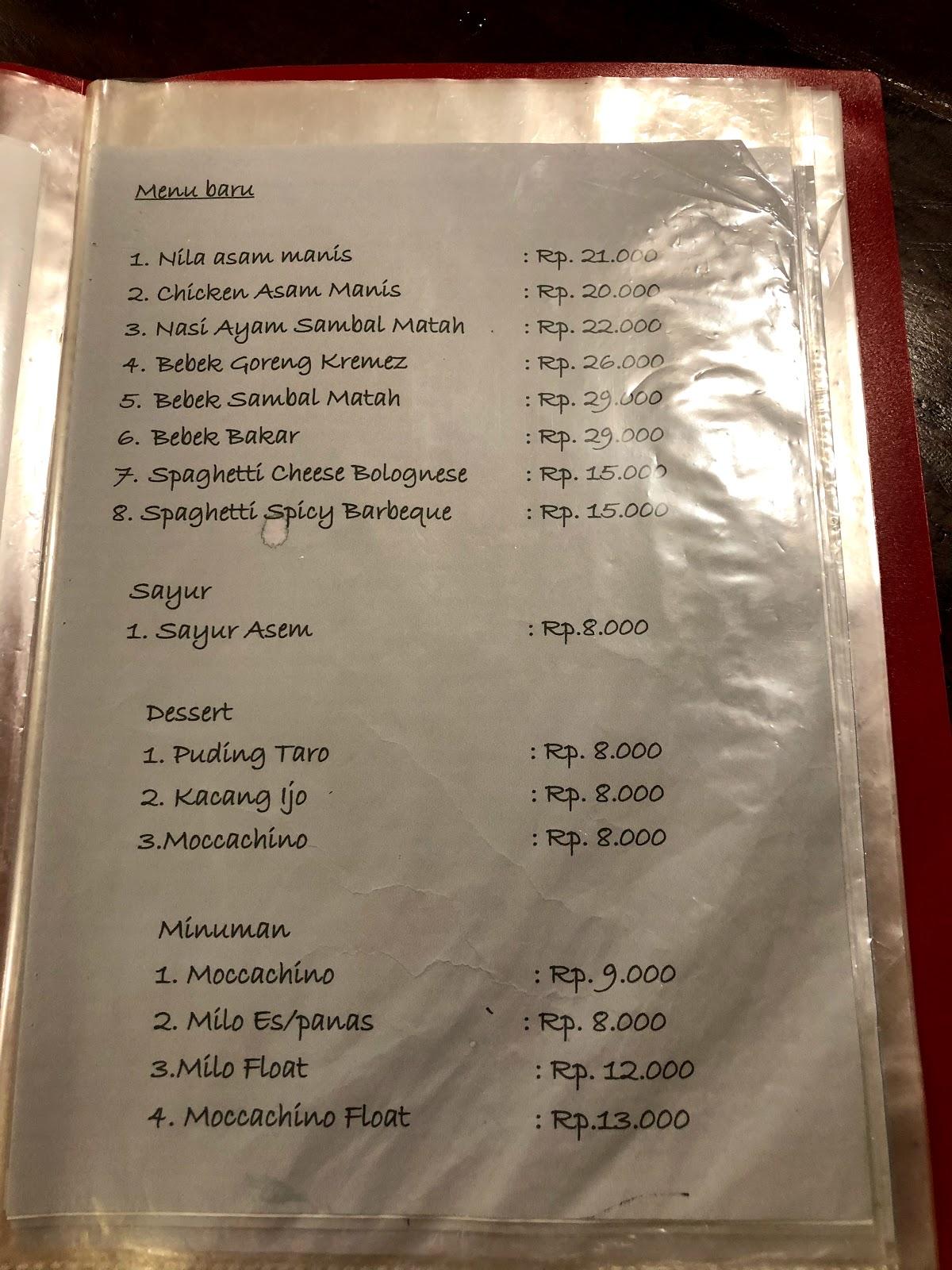 Menu at Serba sambal taman sari restaurant, West Jakarta