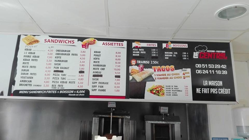 Menu at Le Central restaurant, Behren-lès-Forbach