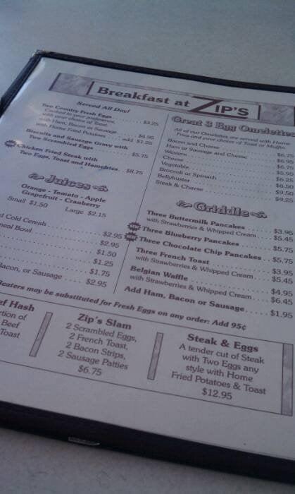 Menu at Zip's Diner restaurant, Killingly, 725 Hartford Pike