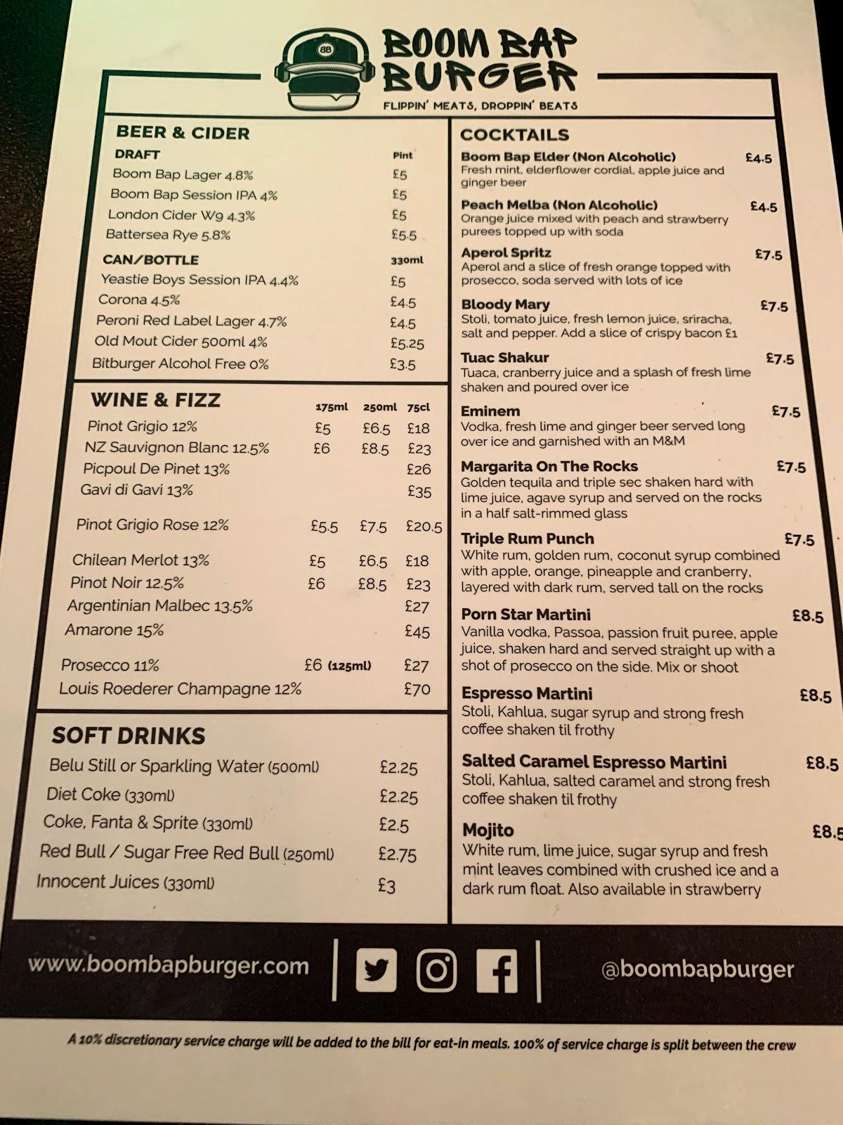Menu at Boom Bap Burger restaurant, London, 252 Paradise Row