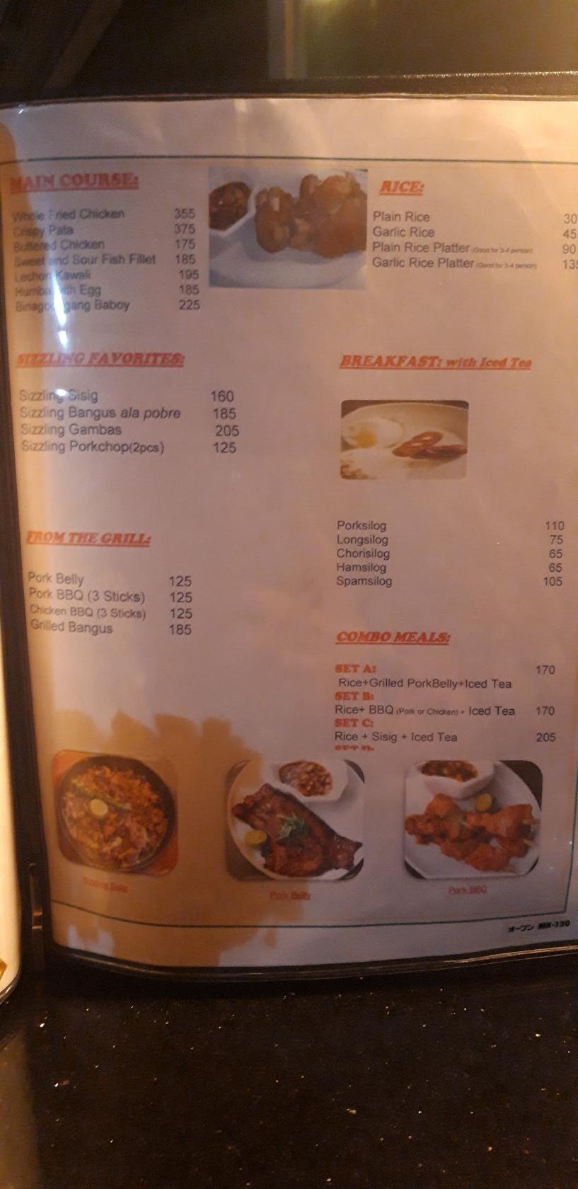 Carta de Flyover Cafe, Cebú