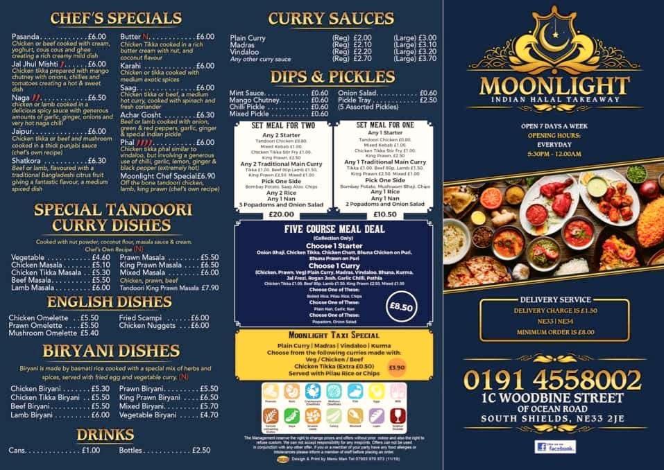 Carta de comida rápida Moonlight Indian, South Shields