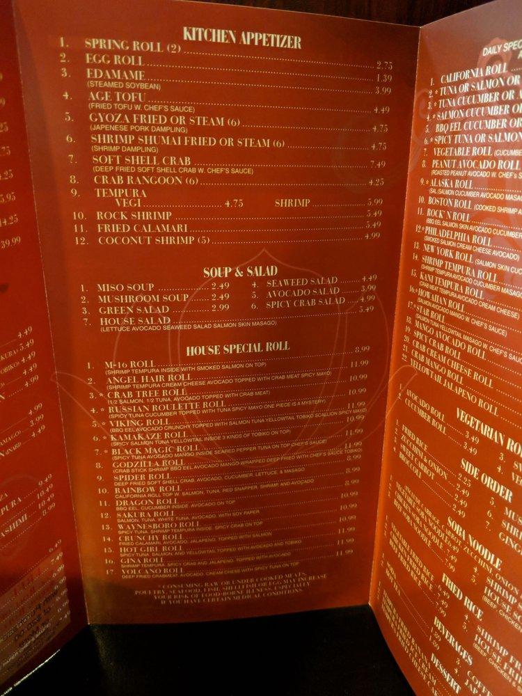 Menu at Sakura Japanese restaurant, Waynesboro