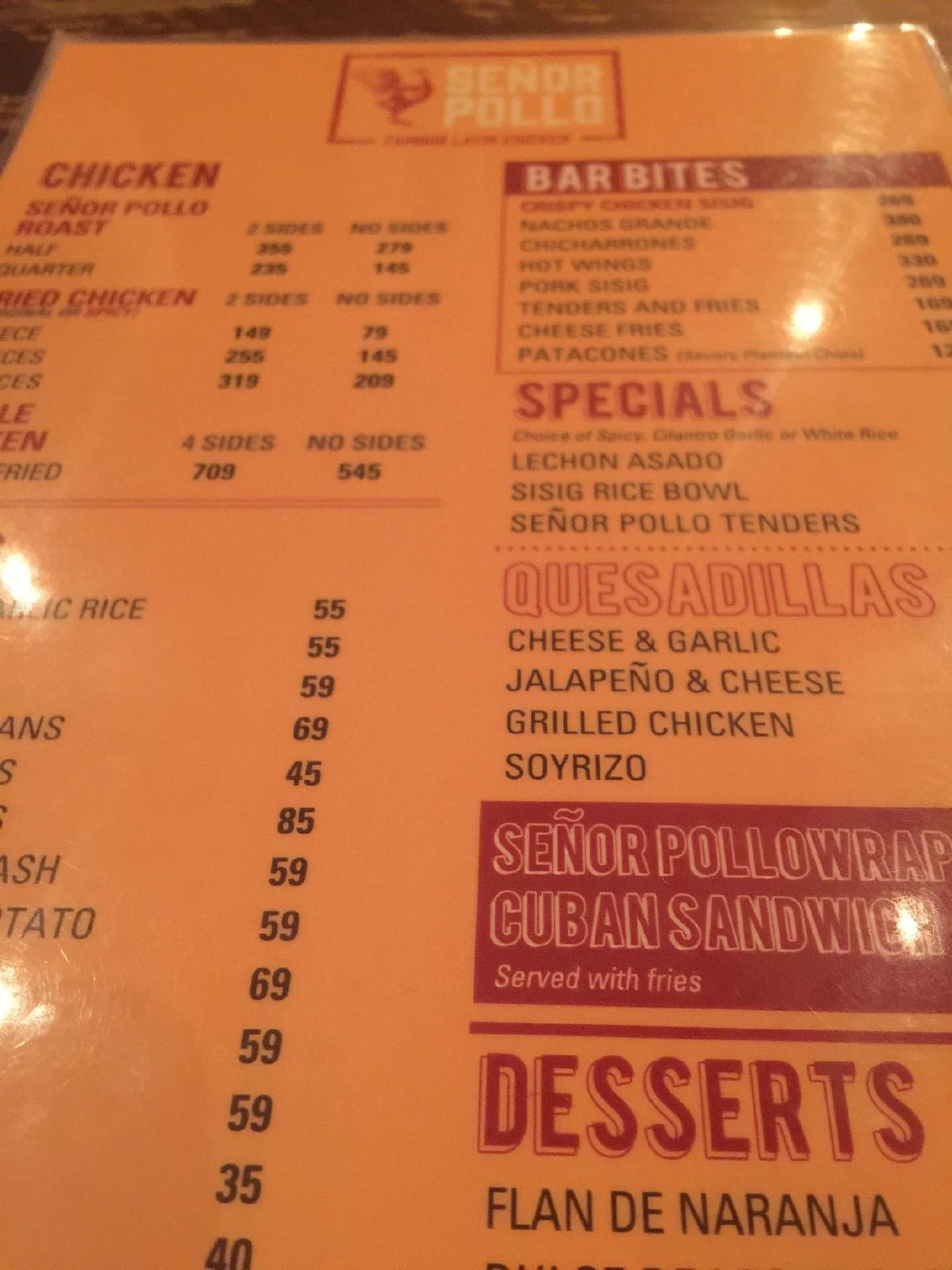 Menu at Señor Pollo restaurant, Makati, Ebro