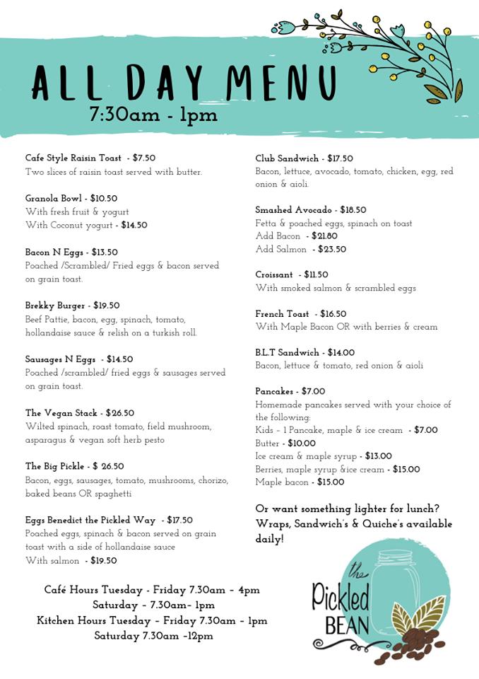 Menu at The Pickled Bean cafe, Tom Price
