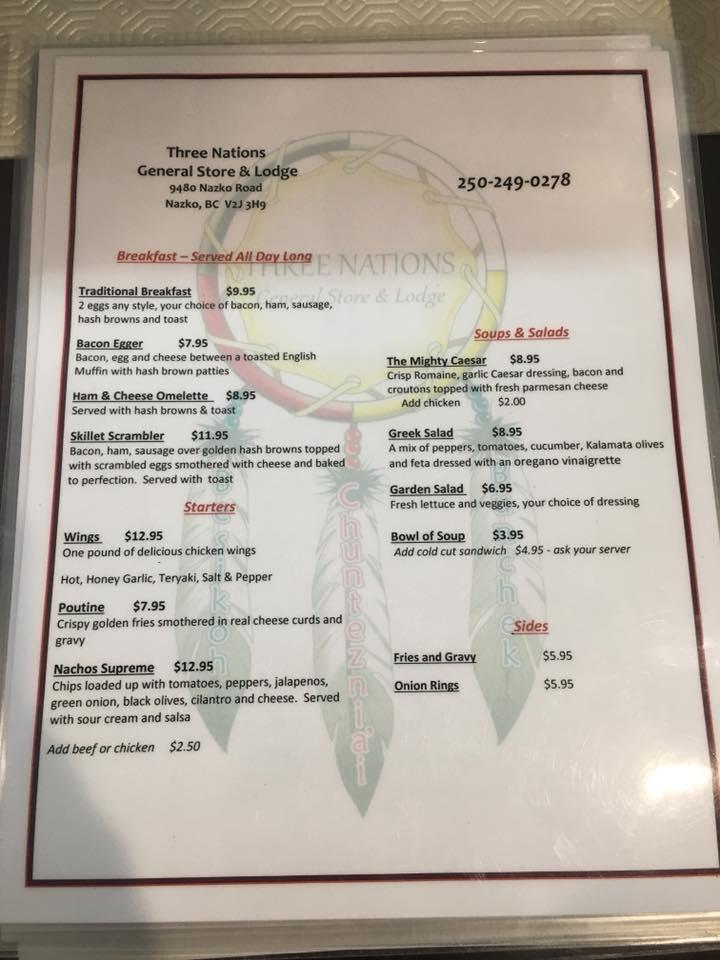 Menu at 3 Nations Store restaurant, Canada
