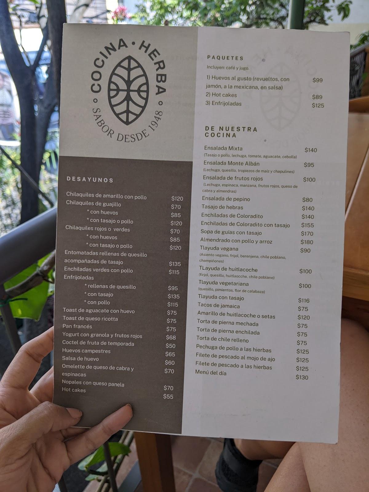 Menu at Cocina Herba restaurant, Oaxaca
