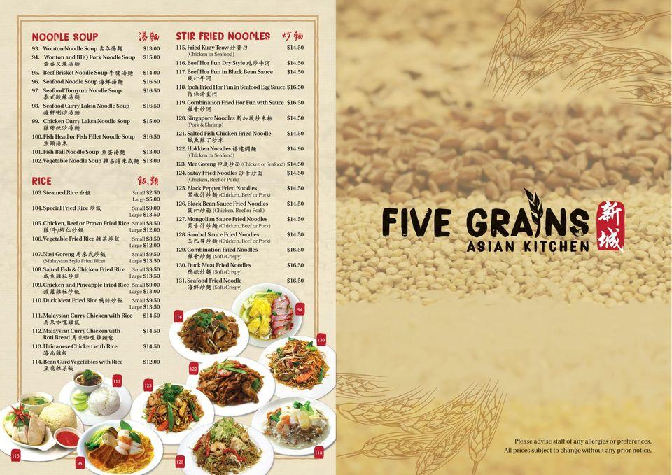 Menu at Five Grains Asian Kitchen restaurant, Niddrie