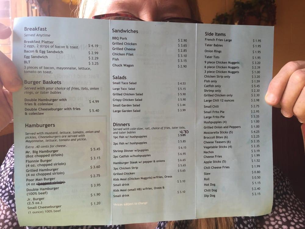 Menu at Flonnie's Drive-In restaurant, Helenwood
