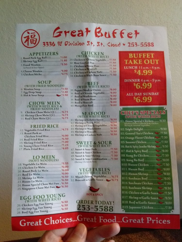 Menu at Great Wall Buffet restaurant, St. Cloud