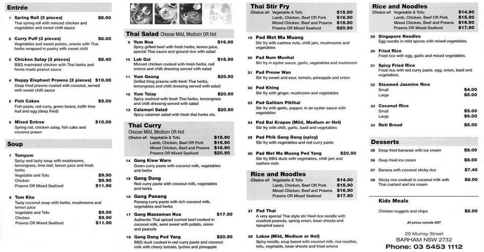 Menu at Happy Elephant Thai restaurant, Barham