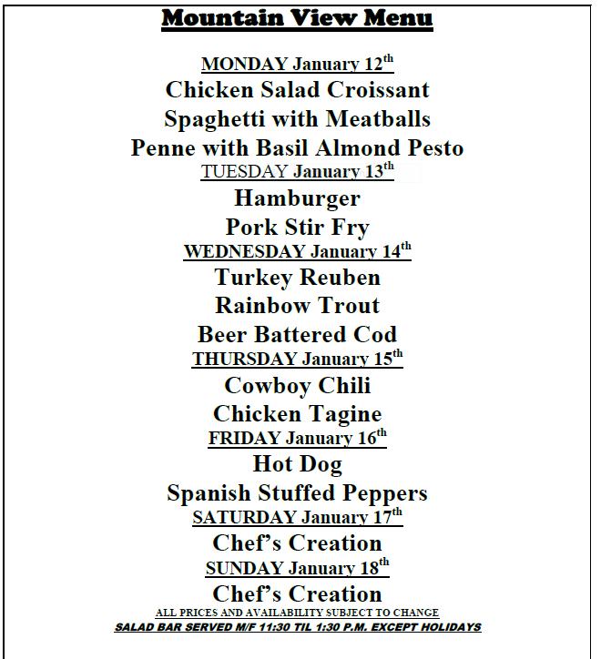 Menu at Mountain View Cafe, Wytheville