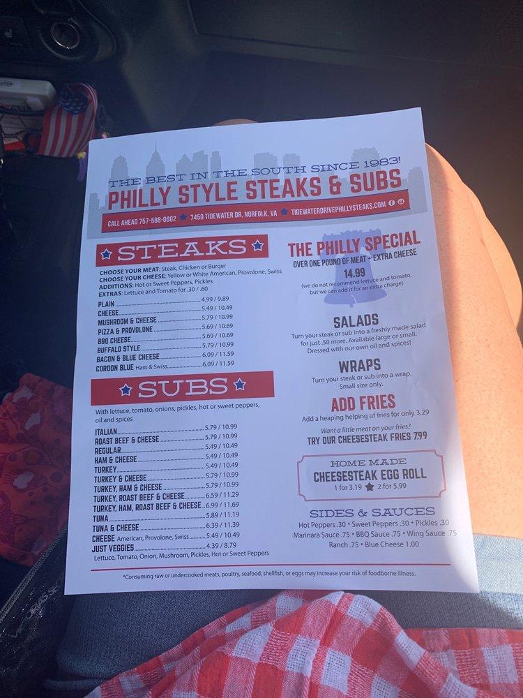 Menu at Philly Style Steaks & Subs restaurant, Norfolk, A Tidewater Dr